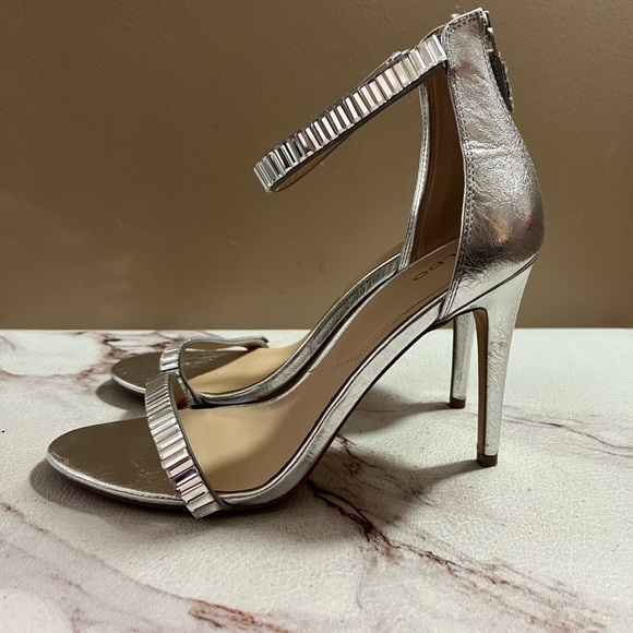 Aldo | Shoes | Aldo Studded Silver Leather Open Toe Ankle Strapback Zip ...